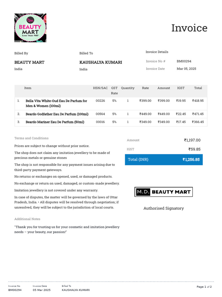 Invoice Bm00294 Beauty Mart Kaushalya Kumari | PDF | Economy Of India ...