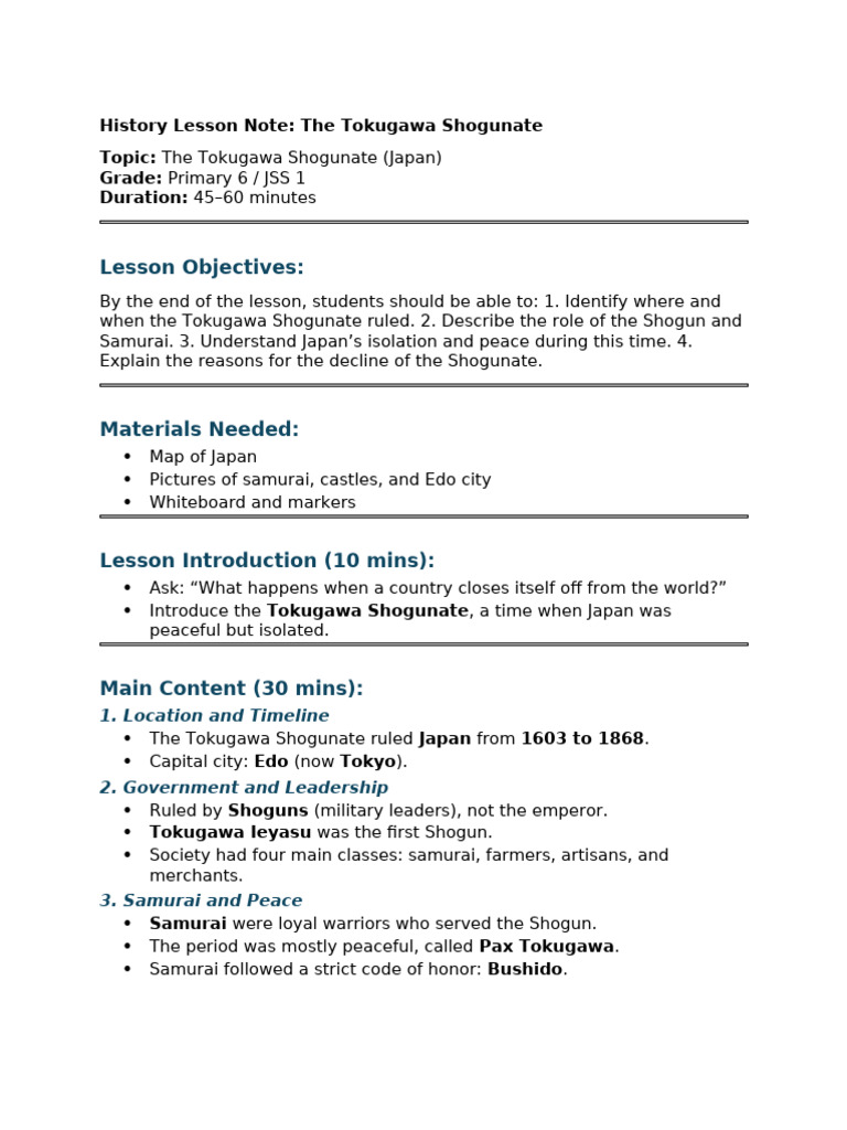 Tokugawa Shogunate Lesson | PDF