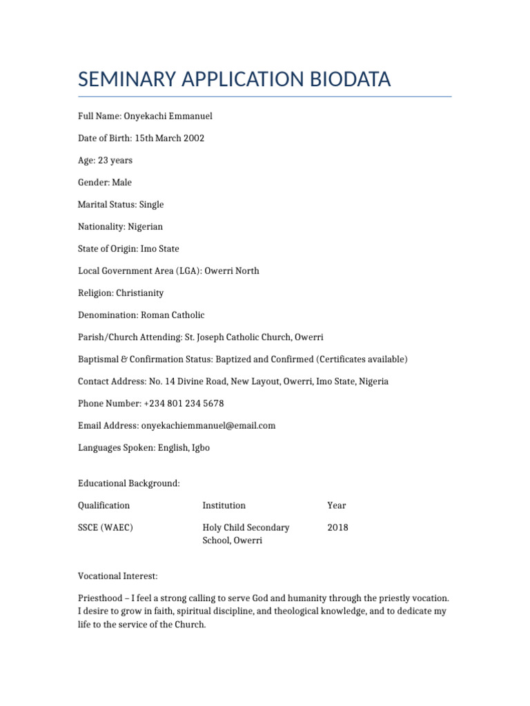 Seminary Application Biodata | PDF