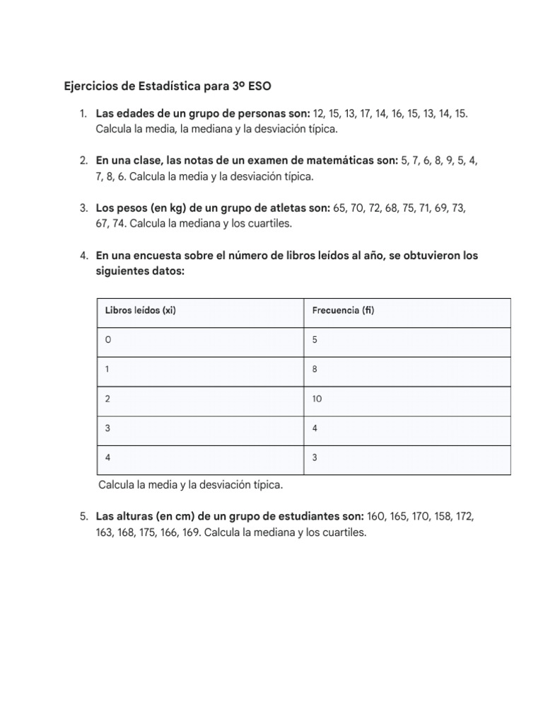 Ejercicios Calculo Media - Mediana - Desviacion Tipica y Cuartiles | PDF | Mediana | Desviación ...