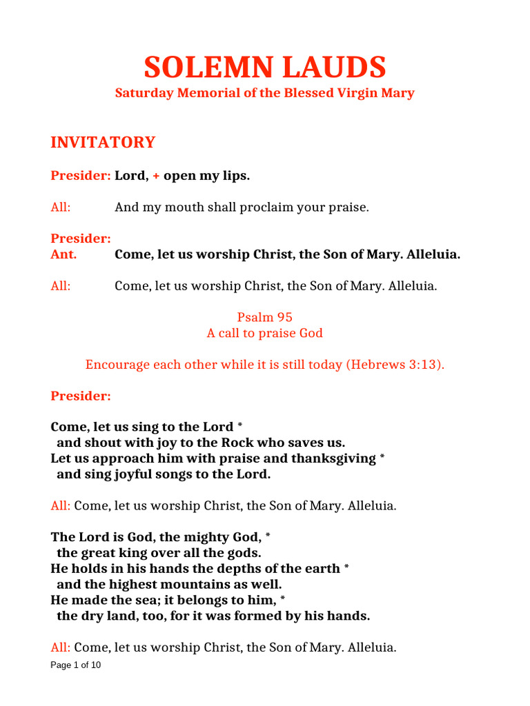 Octave of Easter SOLEMN LAUDS Saturday Memorial of The Blessed Virgin ...