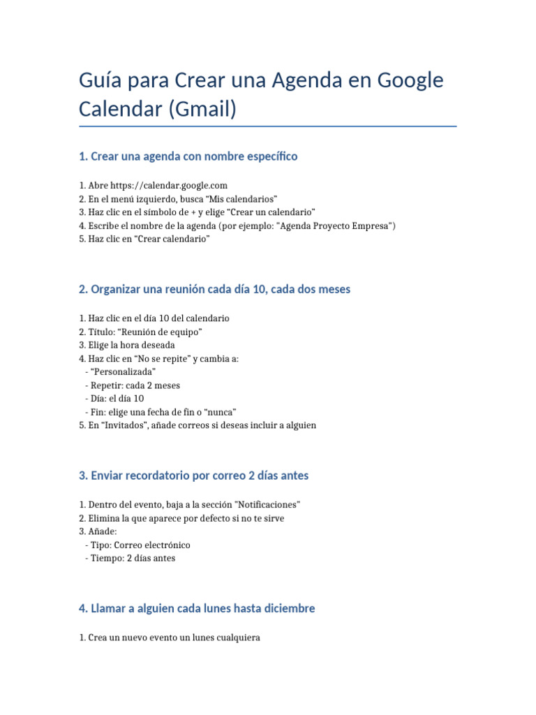 Guía Agenda Gmail Google Calendar | PDF