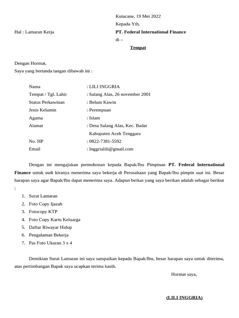 Surat Lamaran Finance Fif Lili Inggria | PDF