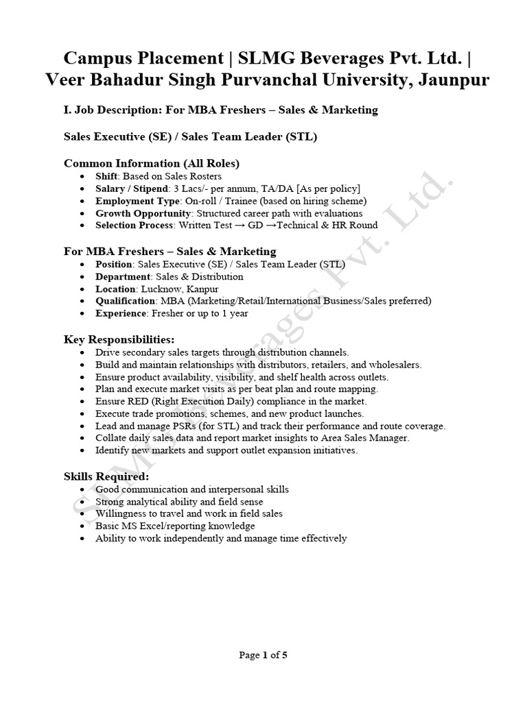 SLMG Beverages Job Opportunities for Freshers | PDF | Instrumentation ...