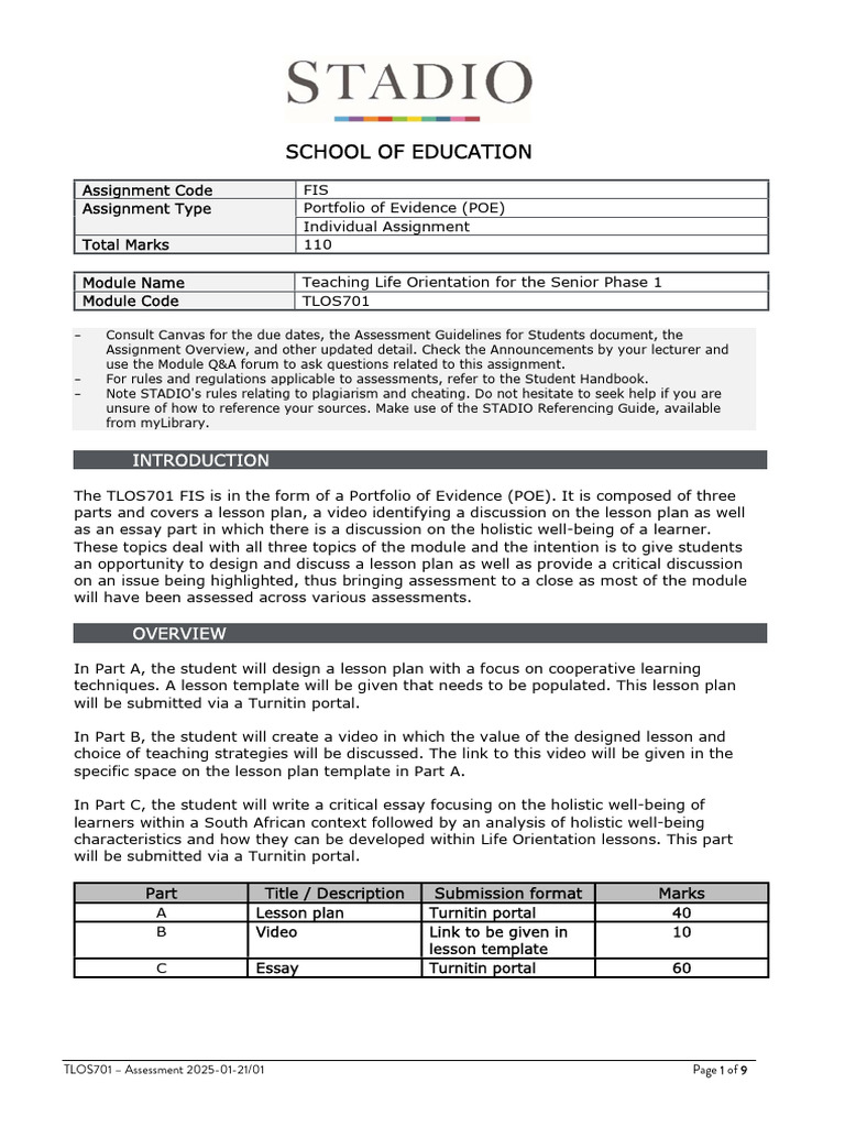 TLOS701 Portfolio of Evidence Guide | PDF | Lesson Plan | Turnitin