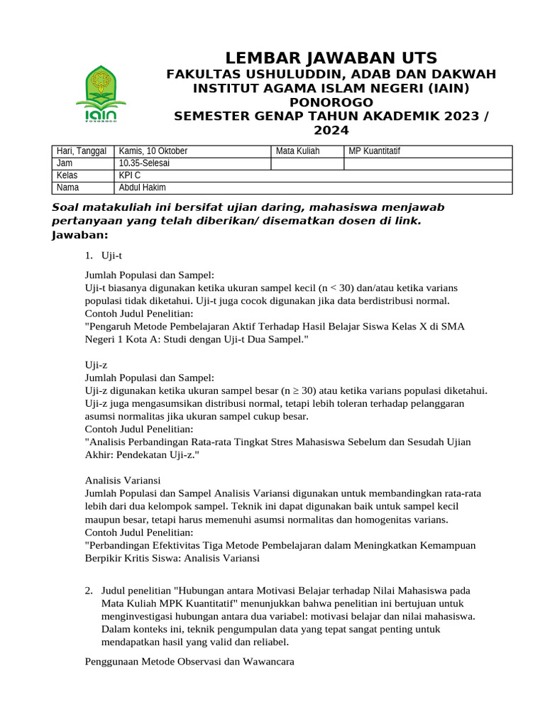 Uts - MP Kuantitatif (302200071) Abdul Hakim | PDF