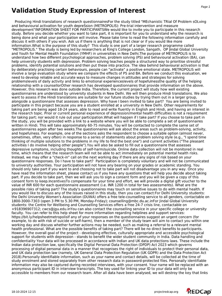 Validation Study Expression of Interest | PDF | Information Privacy | Major Depressive Disorder