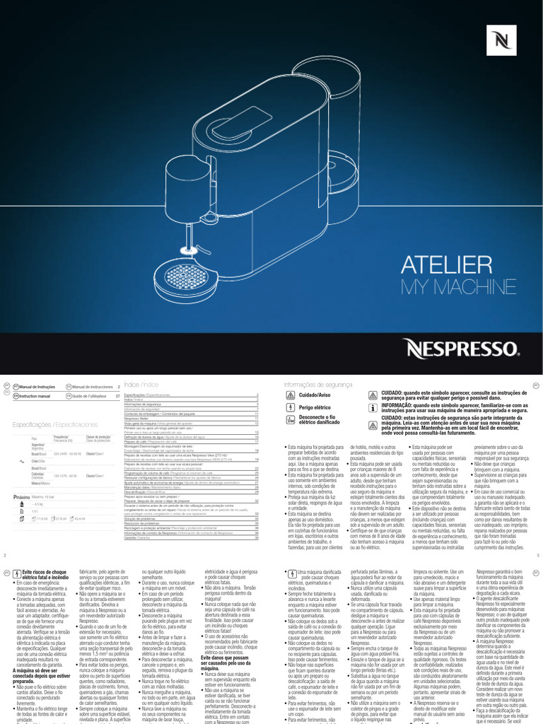 Manual Nespresso Atelier | PDF | Eletricidade | Tomadas elétricas