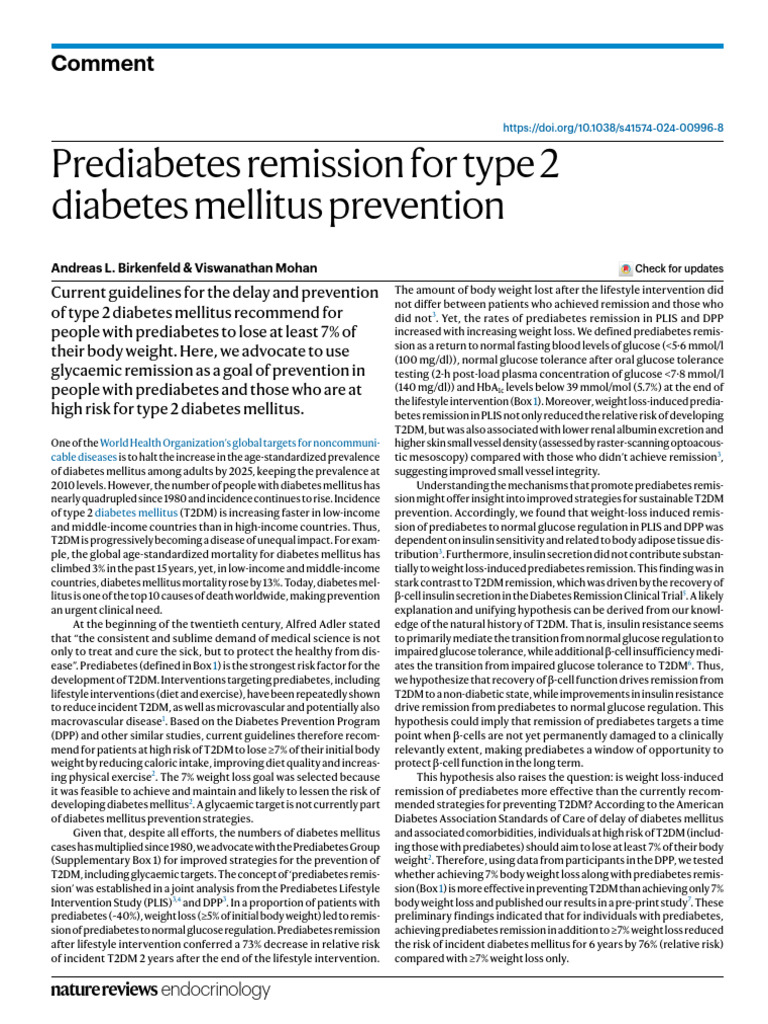 NATURE - Prediabetes Remission For Type 2 Diabetes Mellitus Prevention ...