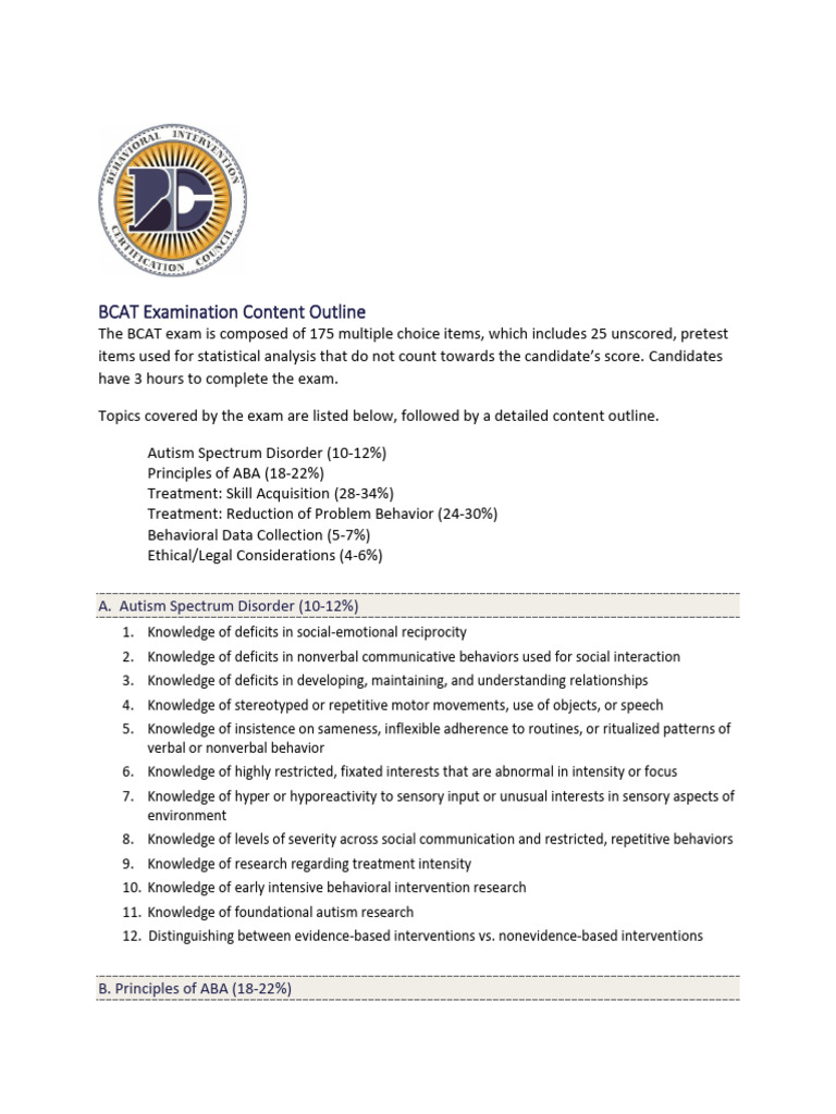 BCAT Exam Content Outline | PDF | Autism | Reinforcement