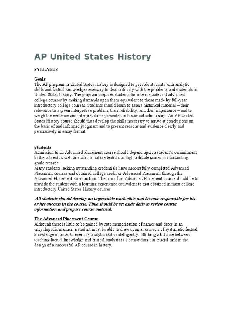 AP United States History Syllabus | PDF | Advanced Placement | United ...
