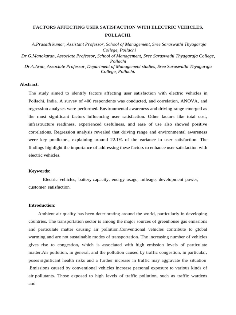 Factors Affecting User Satisfaction With Electric Vehicles, Pollachi ...