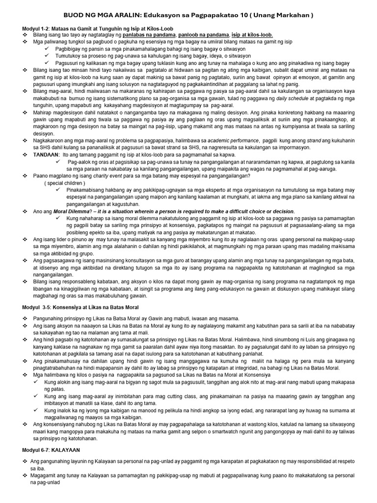 q1 Esp Reviewer Buod NG Aralin | PDF