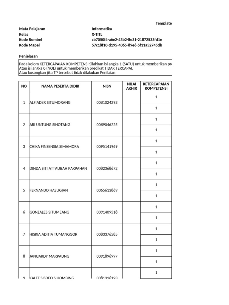 Template Nilai Akhir Mata Pelajaran Informatika Kelas X TITL | PDF