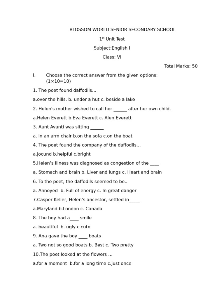 English Test for Class VI Students | PDF