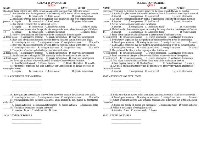Science 10 Evolution Quiz Questions | PDF | Fossil | Evolution