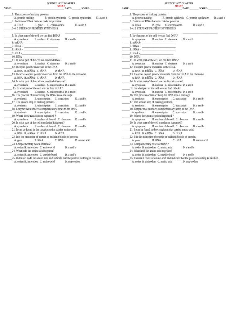 Protein Synthesis Quiz for Science 10 | PDF | Translation (Biology) | Rna