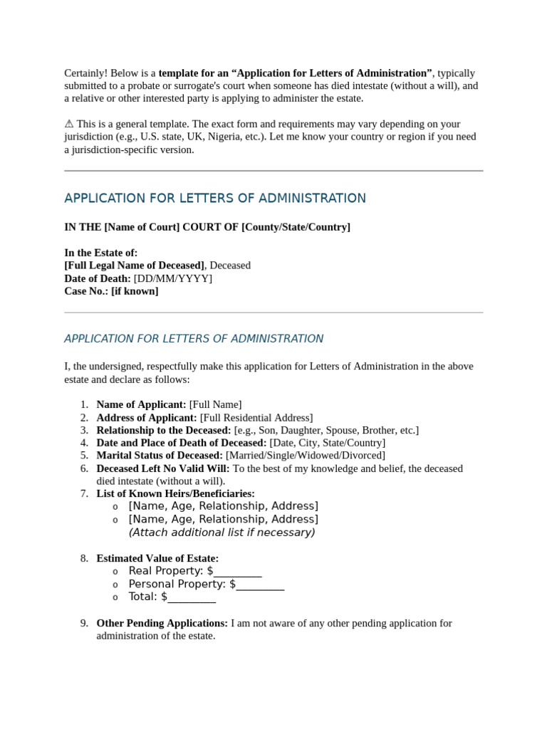 Application for Letters of Administration | PDF