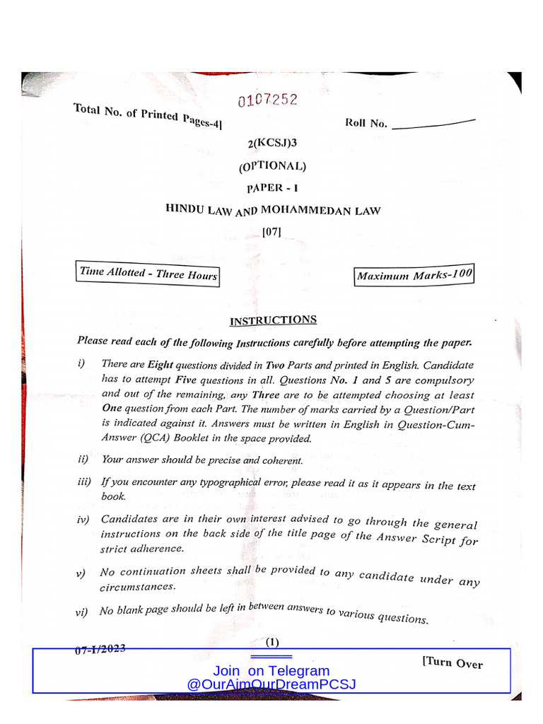 Jammu and Kashmir Civil Judge Mains Exam Paper 2023 Subject Hindu ...
