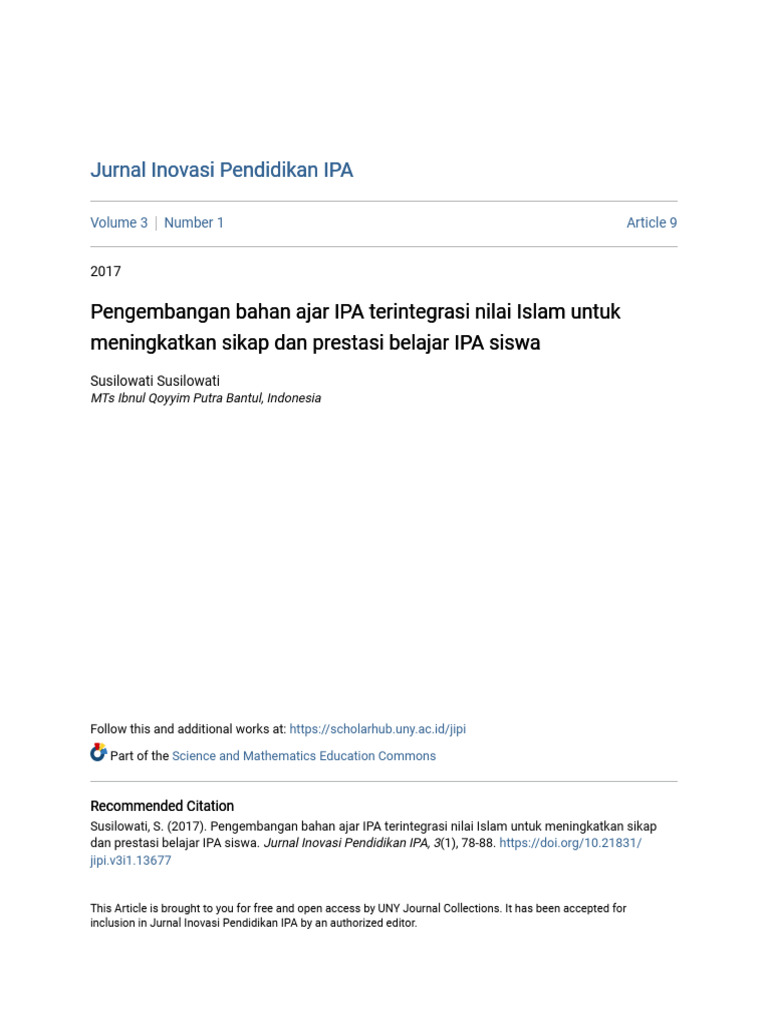 Pengembangan Bahan Ajar IPA Terintegrasi Nilai Islam Untuk Mening | PDF