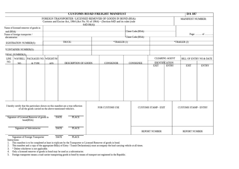 Customs Road Freight Manifest DA 187 | PDF | Customs | Transport