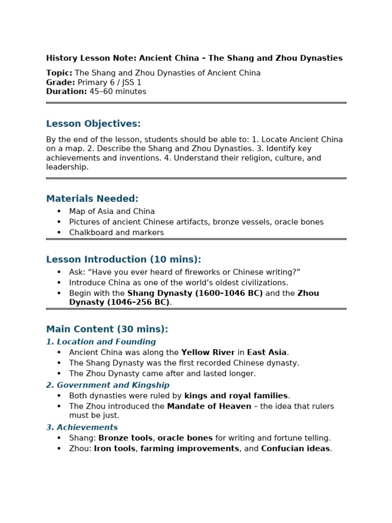 Shang Zhou Dynasties Lesson | PDF