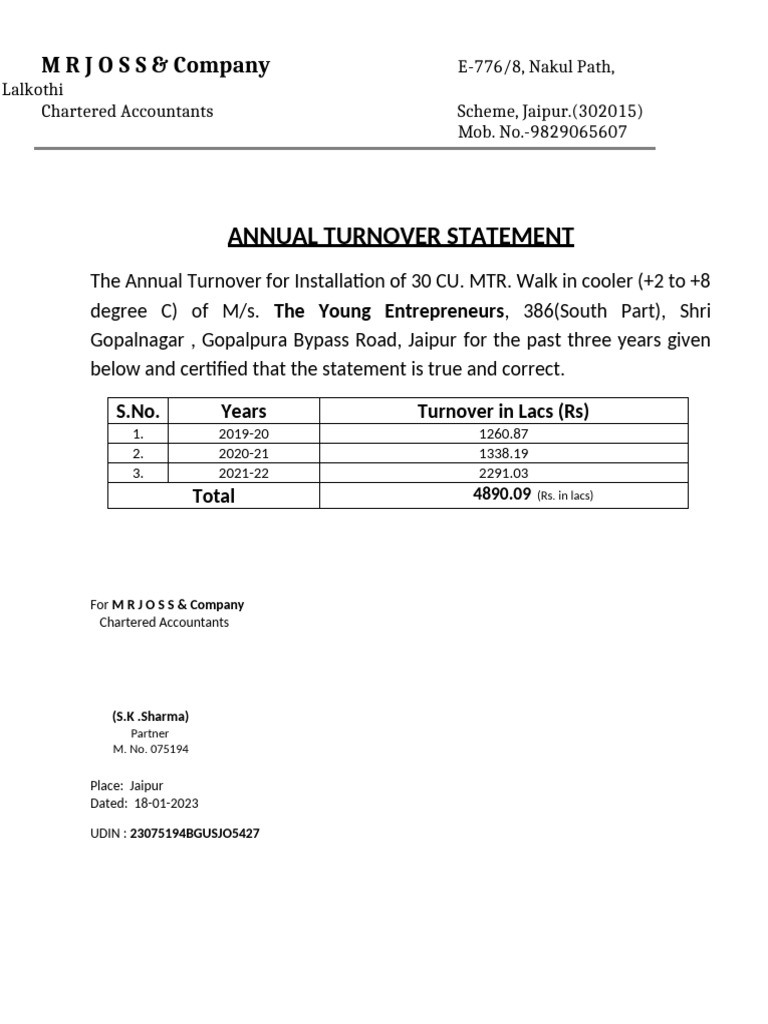 Turnover Certificate MS The Young Entrepreneurs | PDF