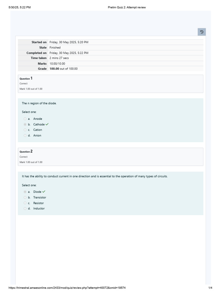 Prelim Quiz 2 - Attempt Review ELEC 1 | PDF | Diode | P–N Junction