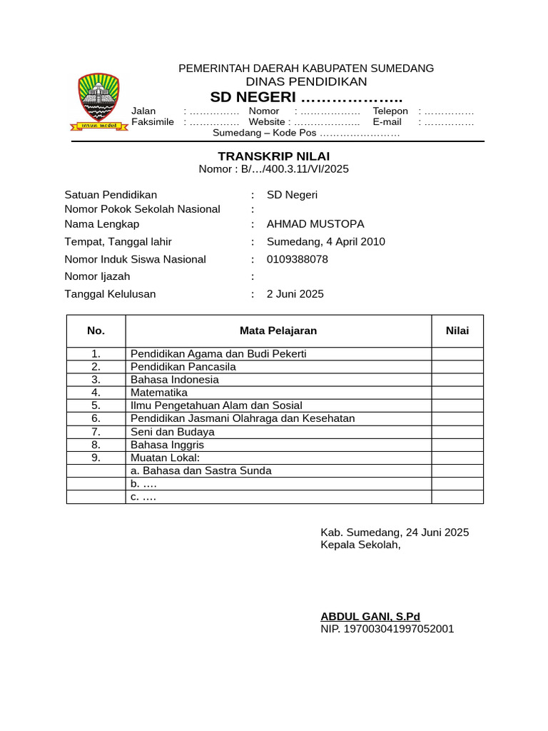 Templet Transkrip Nilai Ijazah Kurikulum Merdeka | PDF