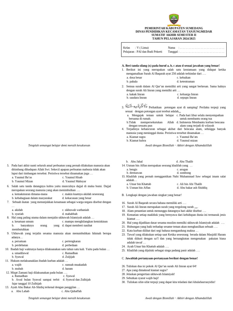 Soal Pai KLS 5 SMT 2 2024-2025 | PDF