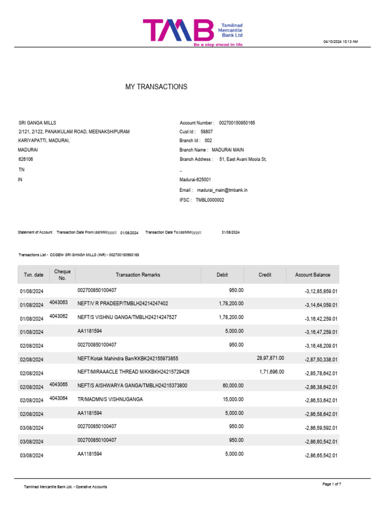TMB Bank Statement for August 2024 | PDF | Banking | Financial Services