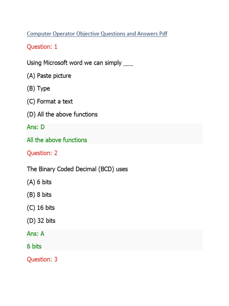 Computer Operator Objective Questions and Answers | PDF