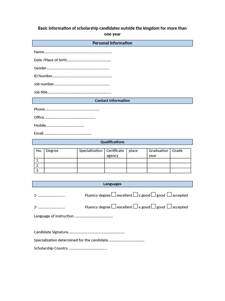 Basic Information Form Related To Overseas Scholar Candidates (For ...