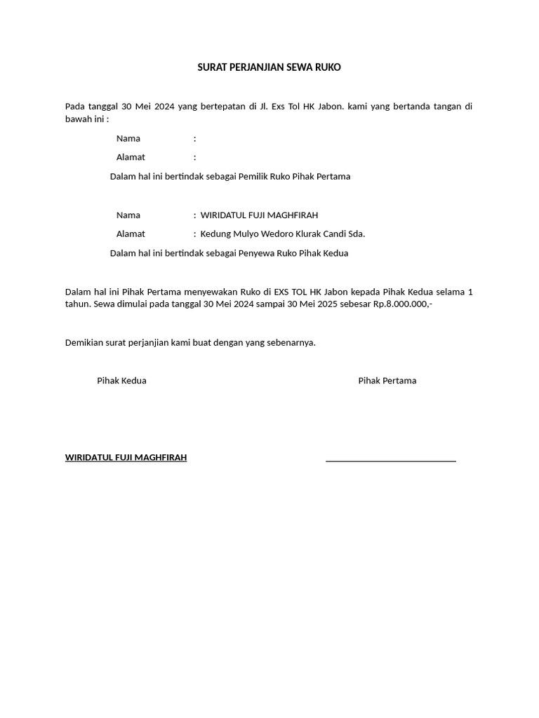 Surat Perjanjian Sewa Ruko 2024 | PDF