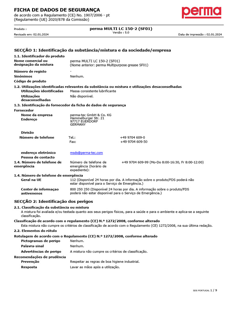 Ficha de Segurança: perma MULTI LC 150-2 | PDF | Desperdício | Solubilidade