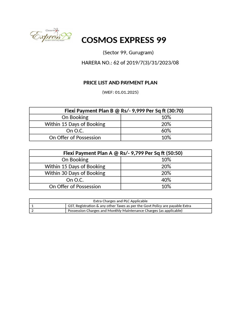 Cosmos Express 99 Payment Plan | PDF