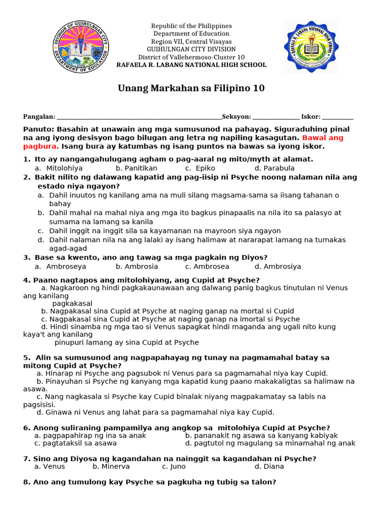 1st Quarter Filipino 10 | PDF