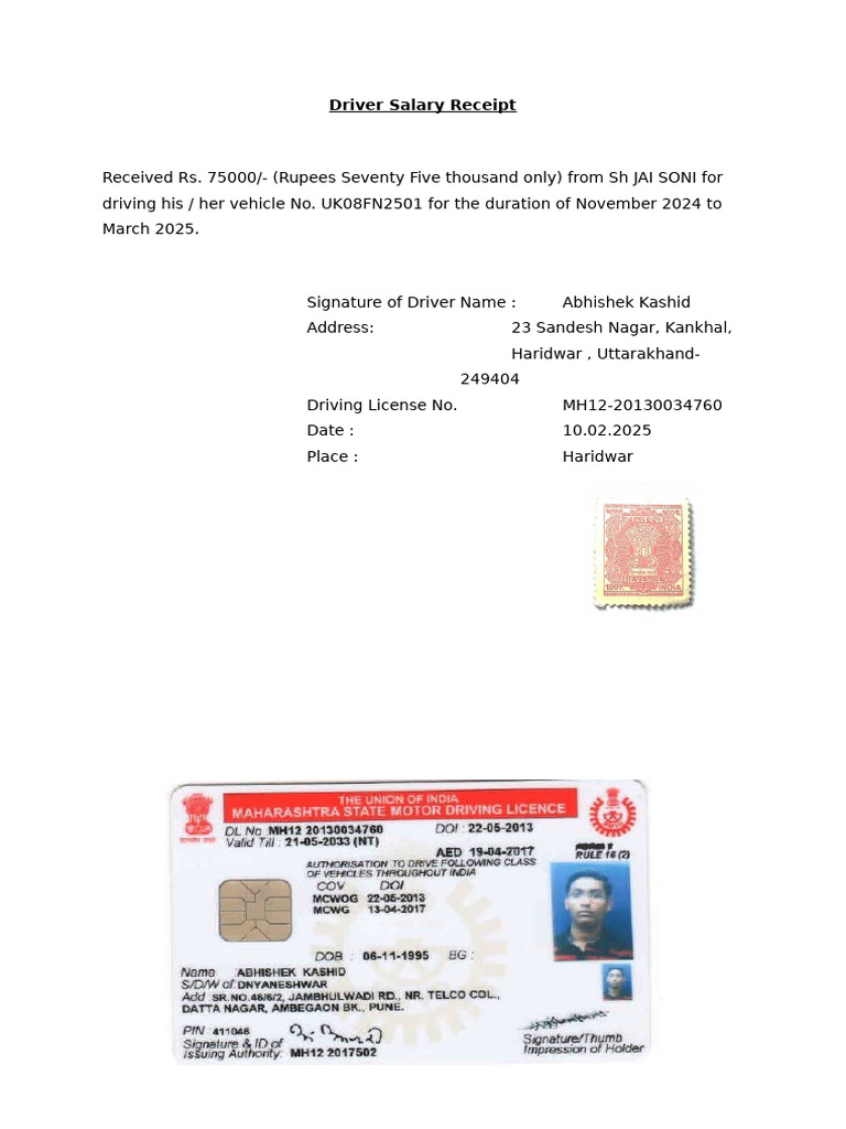 Driver Salary Receipt For Tax | PDF
