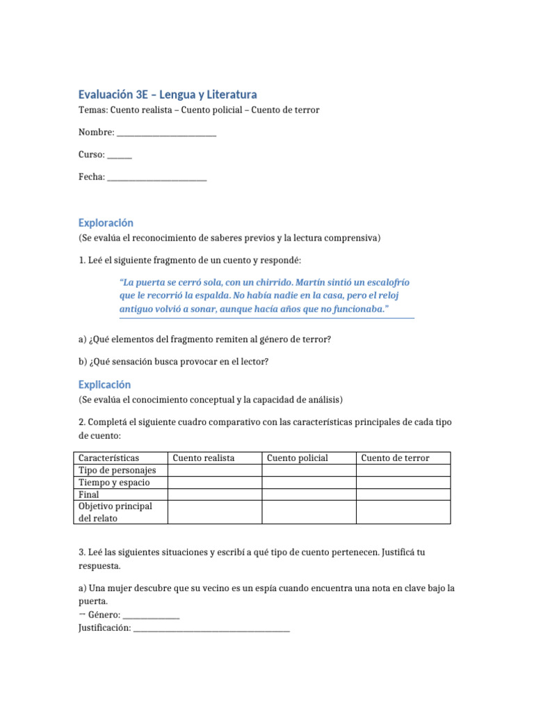 Evaluacion 3E Cuentos Actividades | PDF | Cuentos
