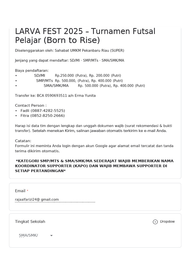 Contoh Formulir Turnament Futsal Google Form | PDF
