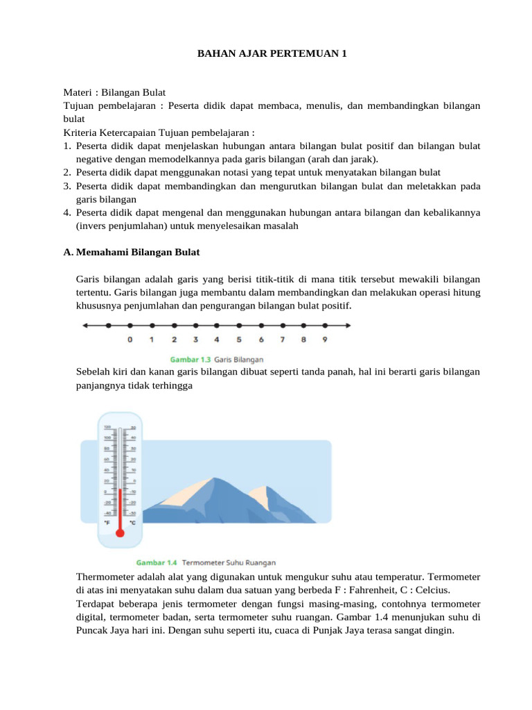 Bahan Ajar Pertemuan 1 Bilangan Bulat | PDF
