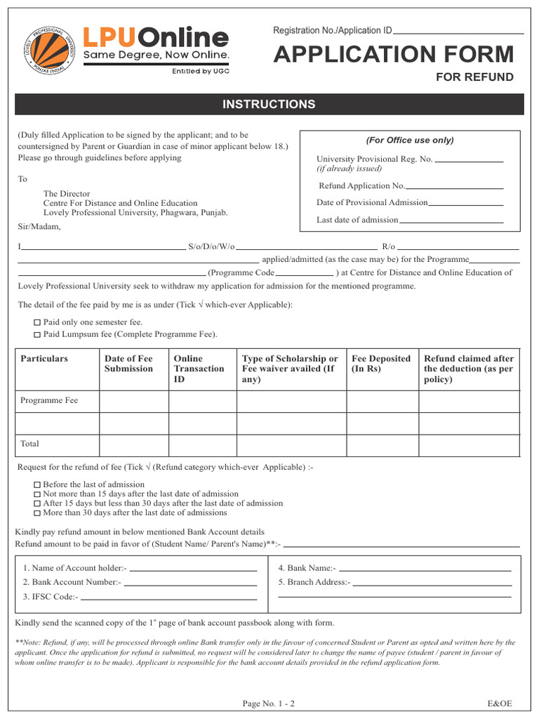 LPU Refund Application Form | PDF | Payments