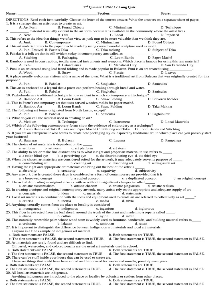 2nd Quarter CPAR 12 Long Quiz | PDF