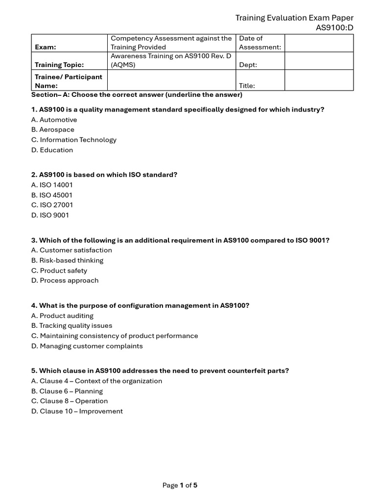 AS9100D Awareness Training Exam | PDF | Supply Chain | Audit