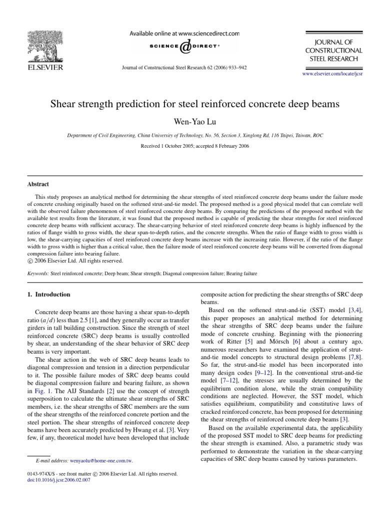2006 Shear Strength Prediction For Steel Reinforced Concrete Deep Beams | PDF | Beam (Structure ...