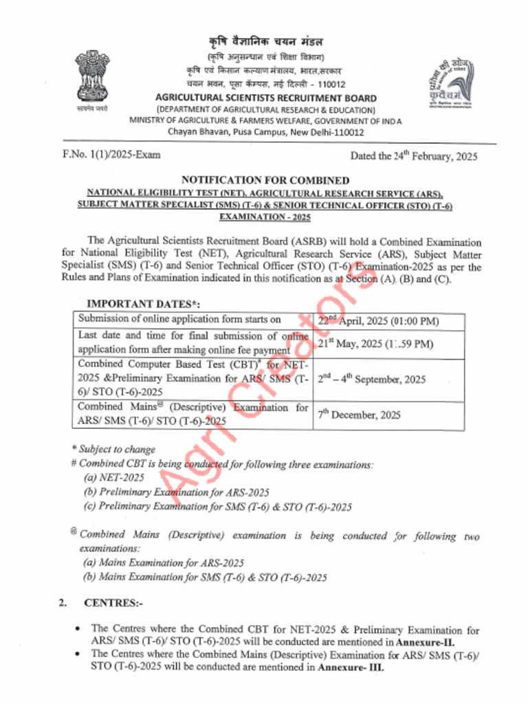 Notification NET ARS SMS STO Exam-2025... | PDF