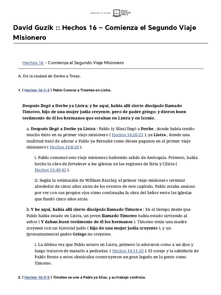 Hechos 16 - Comienza El Segundo Viaje Misionero Por David Guzik | PDF ...