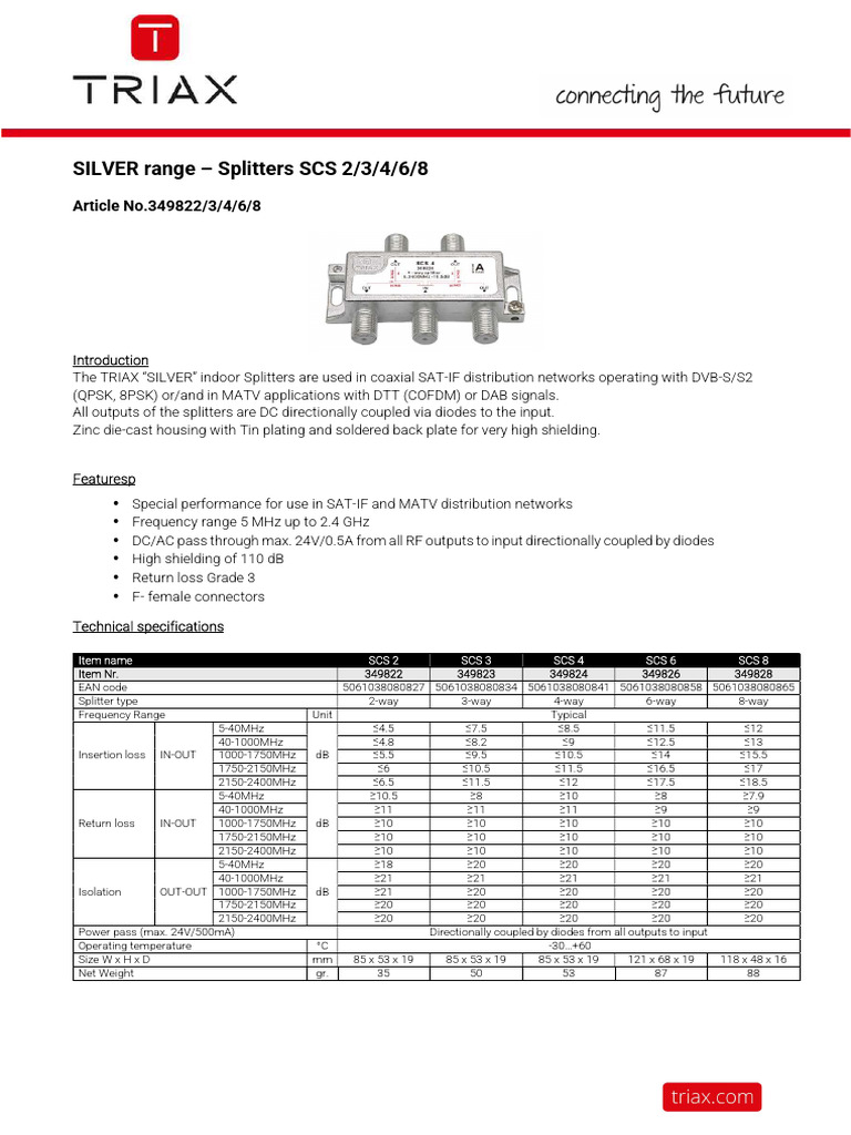 TRIAX Data Sheet SCS Splitters - 349822 To 349828 V3.1 EN Krdtcu | PDF | Electrical Components ...