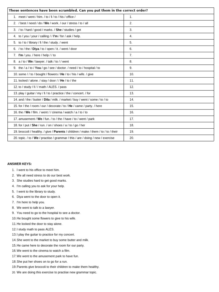 Infinitive of Purpose Scrambled Sentences With Answer Keys | PDF ...