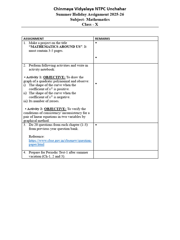 Class-X Summer Vacation Assignment Maths 2025-26 | PDF